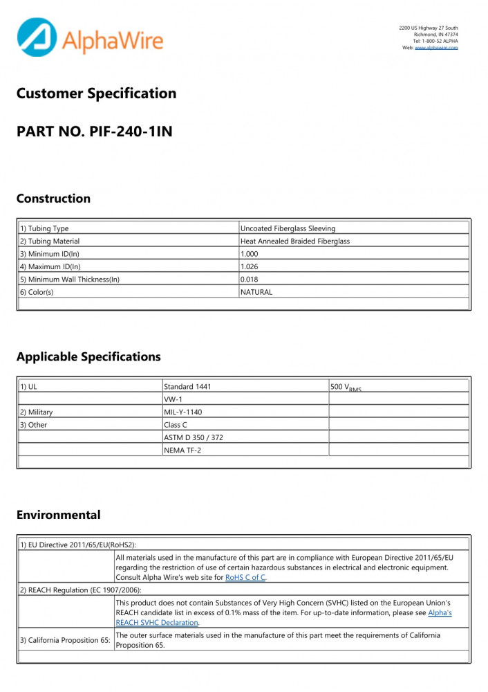 Alpha Wire PIF-240-1IN specification page 1