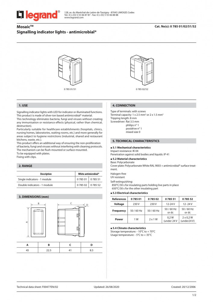 Legrand Mosaic indicator-light technical document, page 1