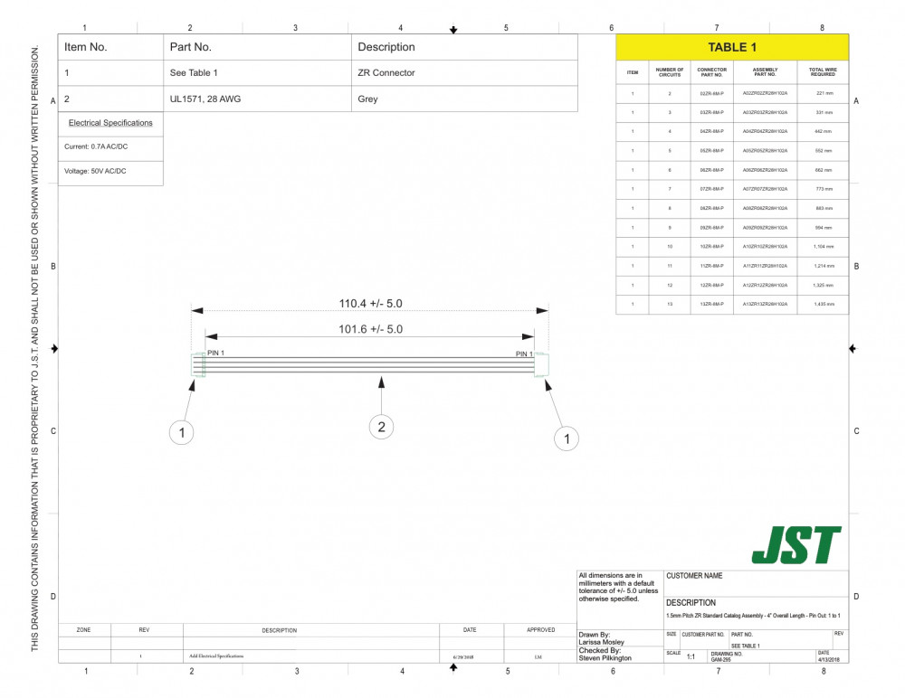 JST ZR connector assembly technical drawing