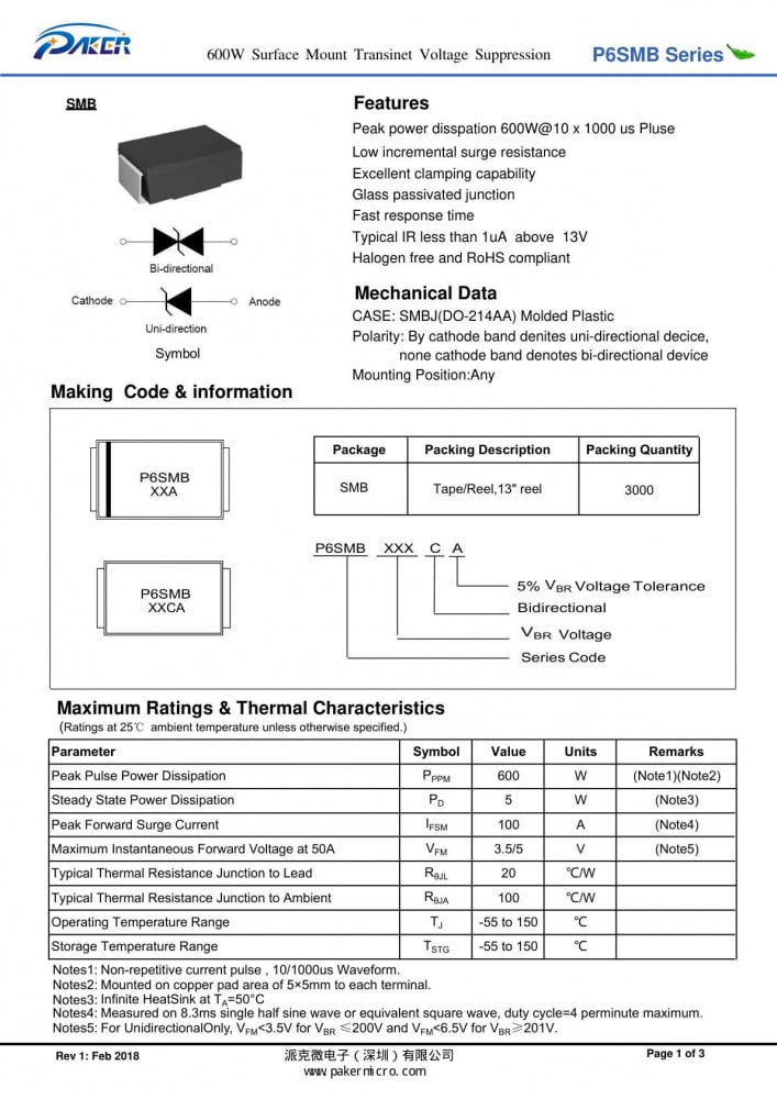 P6SMB200A datasheet page 1