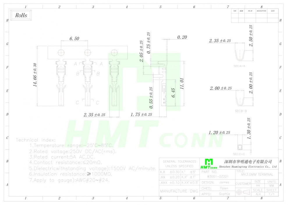 HMTCONN W3001-DZ221 MX3.0MM terminal manufacture drawing preview