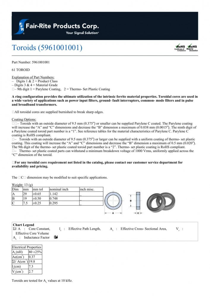 Fair-Rite 5961001001 technical document page 1