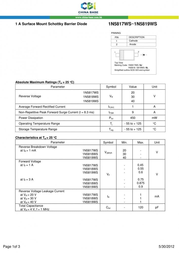 CBI 1N5819WS datasheet page 1