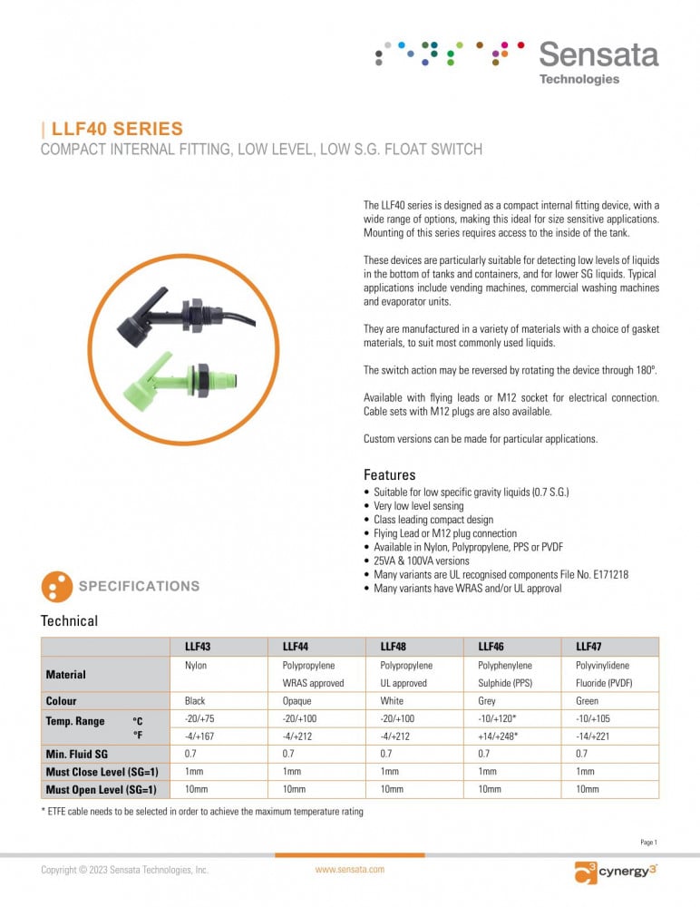 LLF40 series product documentation page 1