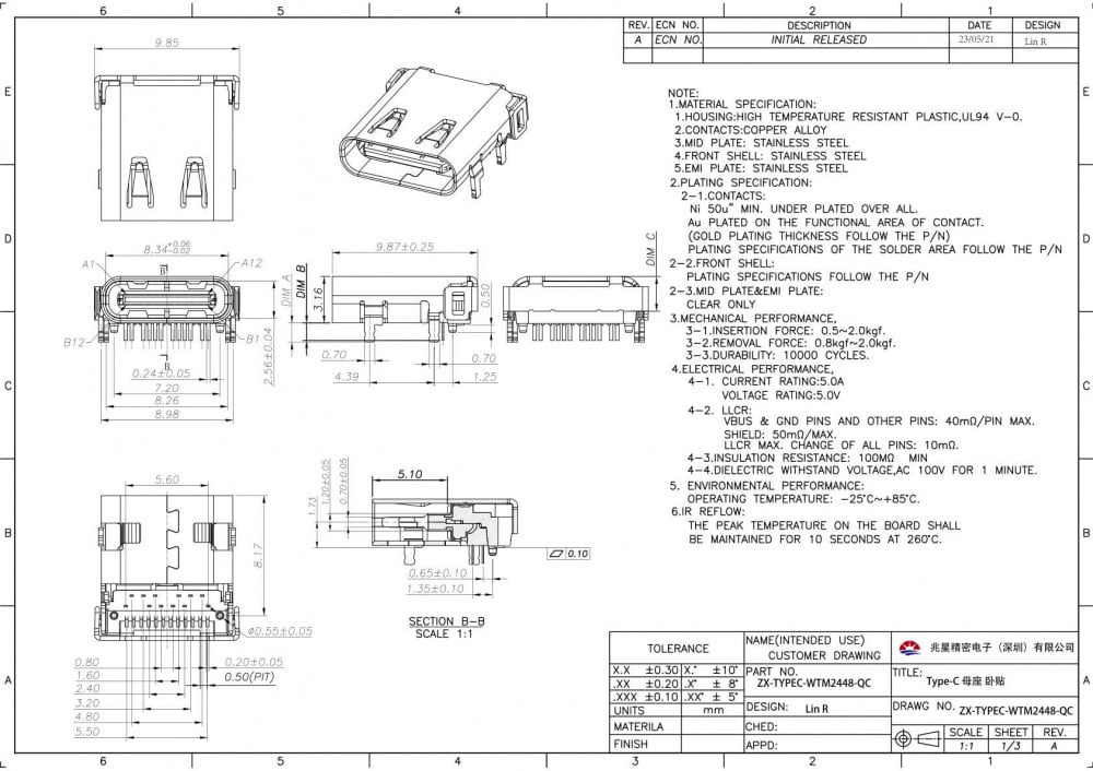 ZX-TYPEC-WTM2448-QC technical drawing page 1