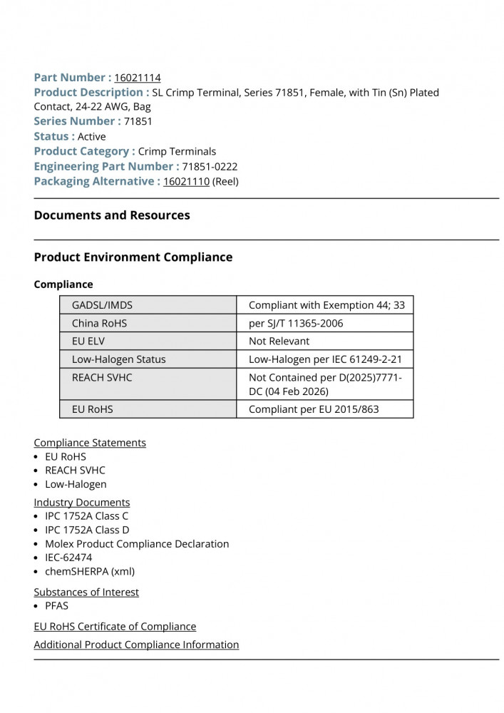 MOLEX SL product specification page 1