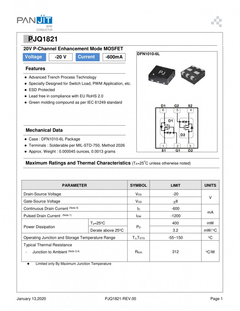 PJQ1821 datasheet page 1