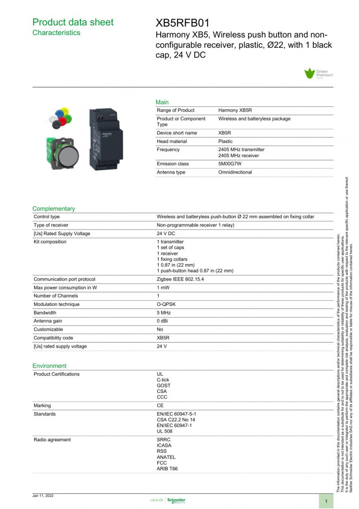 XB5RFB01 product documentation page 1