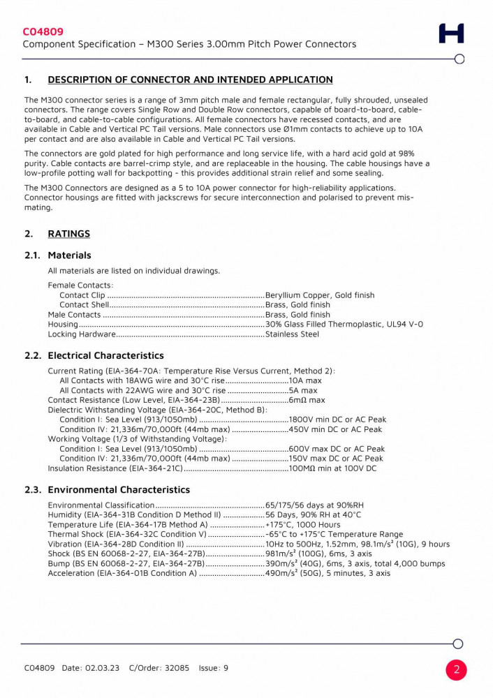 Harwin M300 specification page 2