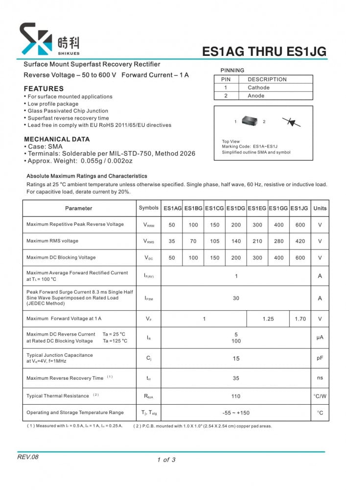 ES1AG datasheet page 1