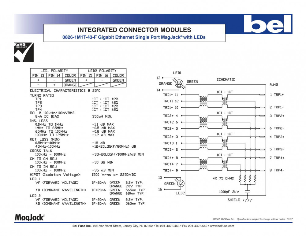 Bel Fuse 0826-1M1T-43-F datasheet page 1