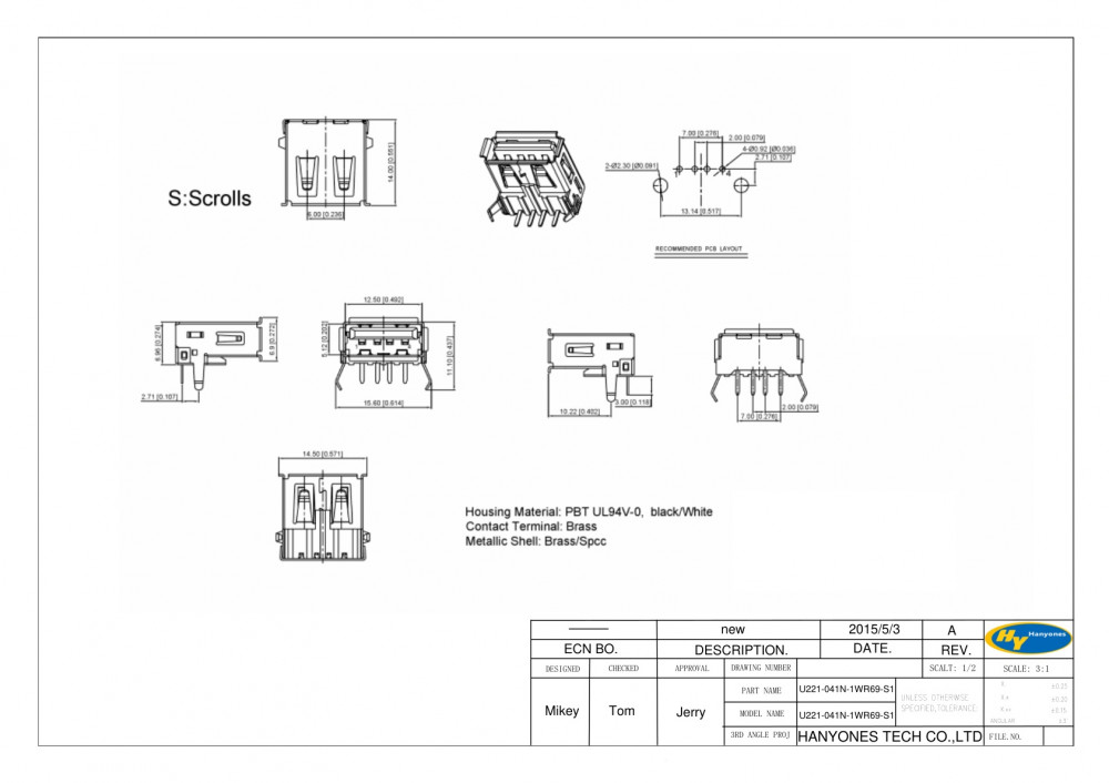 U221-041N-1WR69-S1 technical drawing and recommended PCB layout