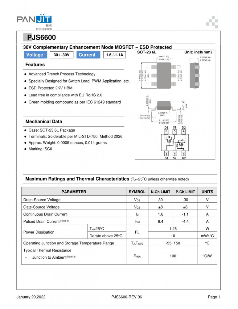 PJS6600 datasheet page 1