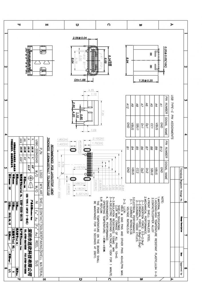XUBF-0336-0817B USB Type-C connector technical drawing
