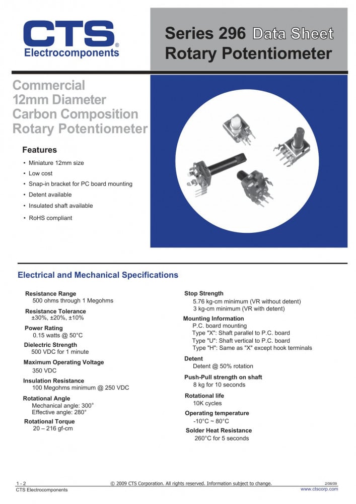 CTS 296 series potentiometer technical document page 1