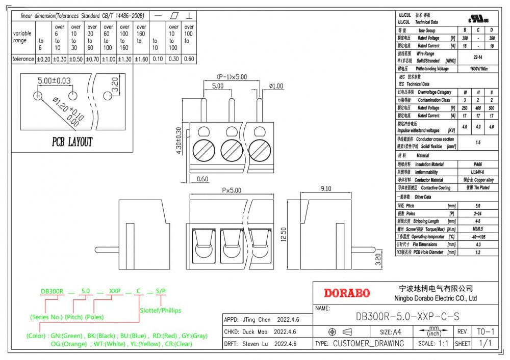 DORABO DB300R-5.0-3P-BU-S technical drawing