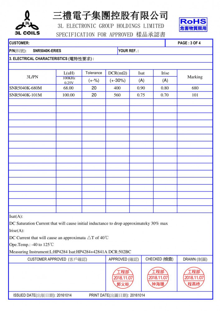 SNR5040K electrical characteristics