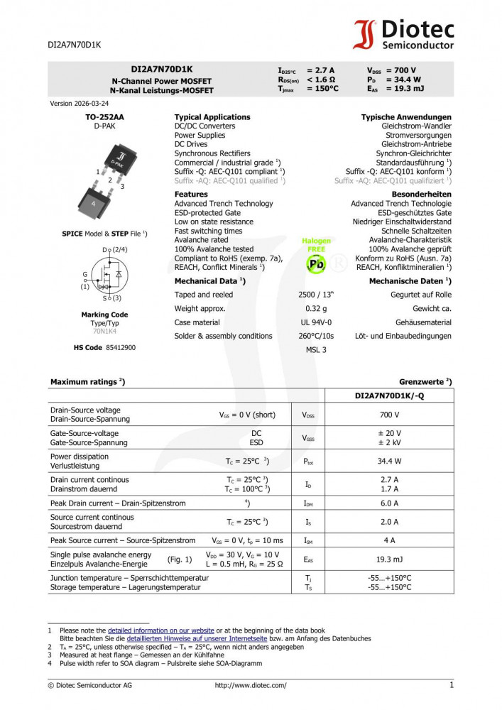 DIOTEC DI2A7N70D1K datasheet page 1