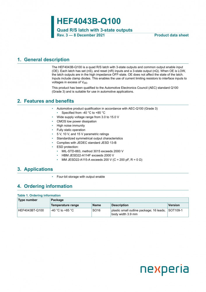 HEF4043BT-Q100J datasheet page 1