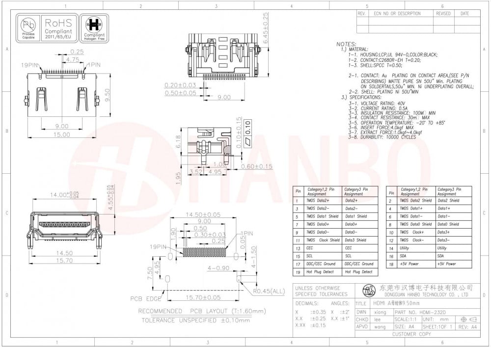 Hanbo Electronic HDMI-232D technical drawing