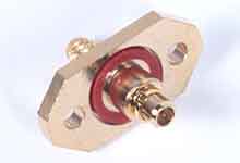SMB Jack, Right-Angle, Bulkhead Receptacle, PCB, Through Hole, Brass Body, Gold (Au) Plated, Nut and Lockwasher Included, Tray, 75 Ohms