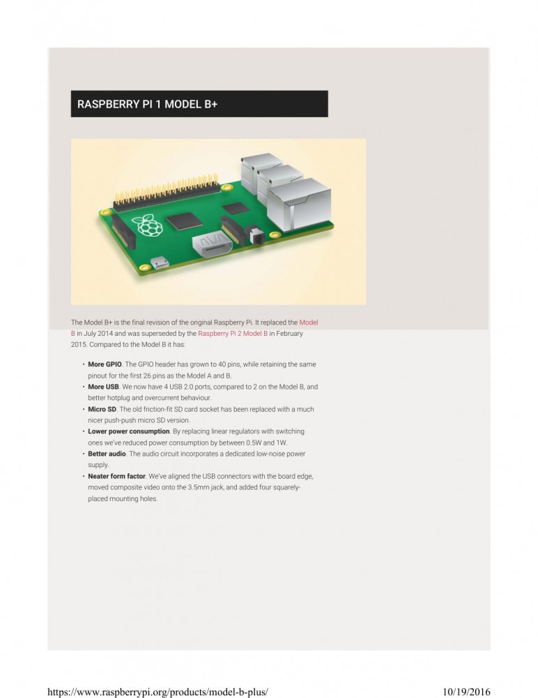 Raspberry Pi 1 Model B+ technical document page