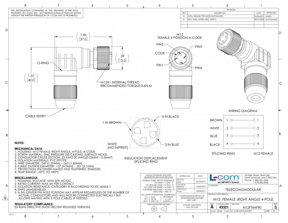 L-com M12FT4AF90 technical drawing
