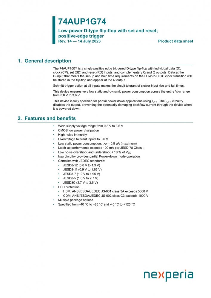 74AUP1G74 datasheet page 1