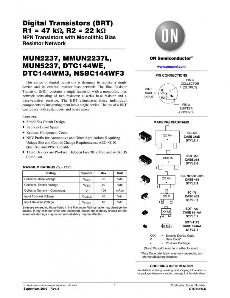 NSVMUN2237T1G datasheet page 1