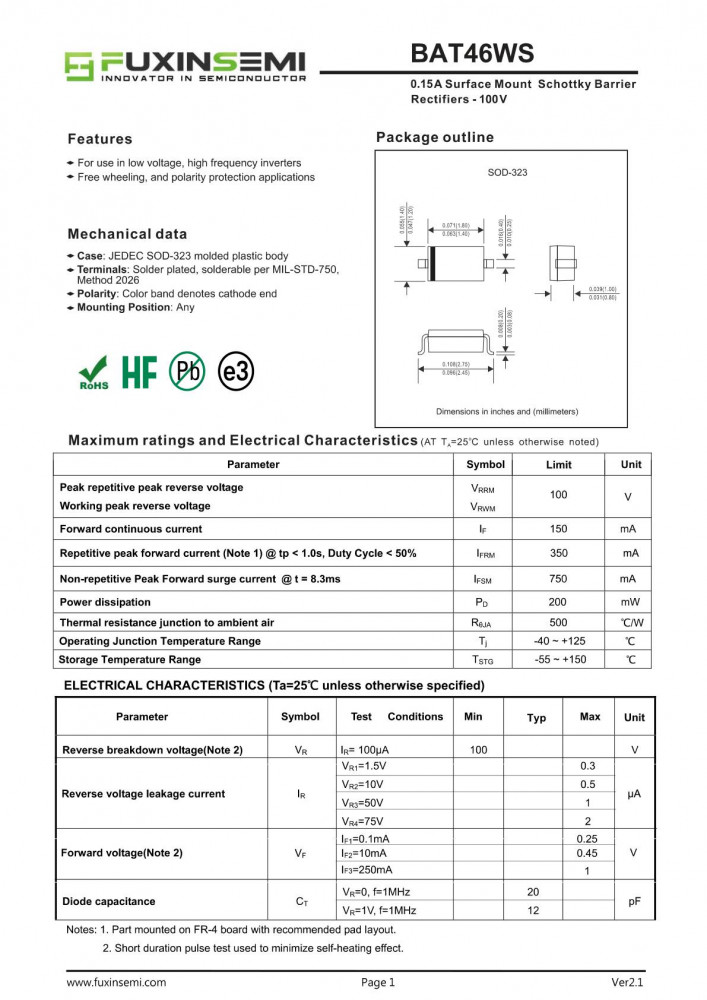 BAT46WS datasheet page 1