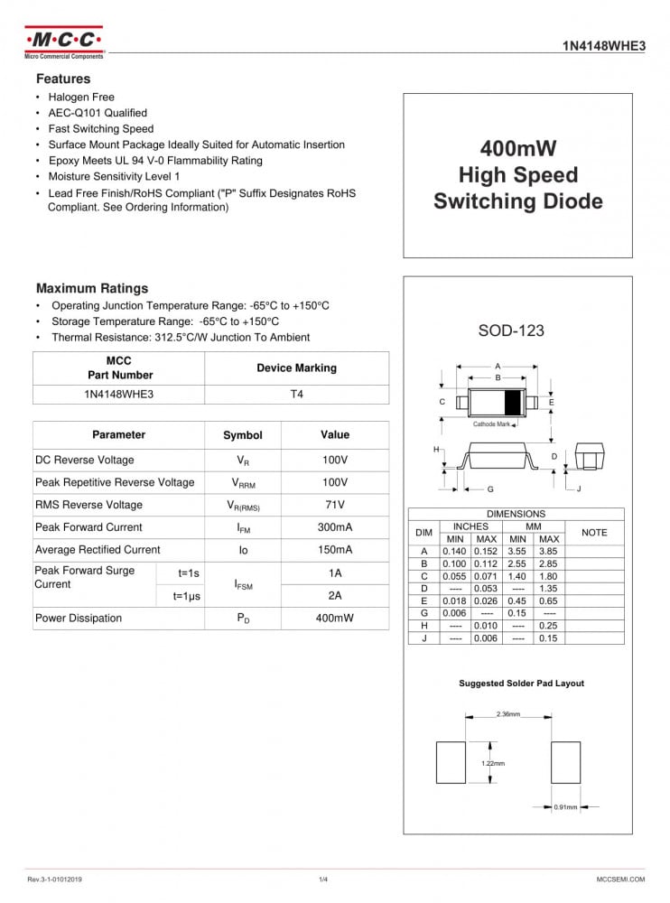 1N4148WHE3-TP datasheet page 1