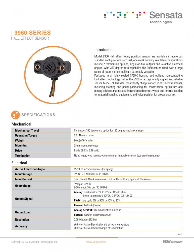 Sensata 9960 Series datasheet page 1