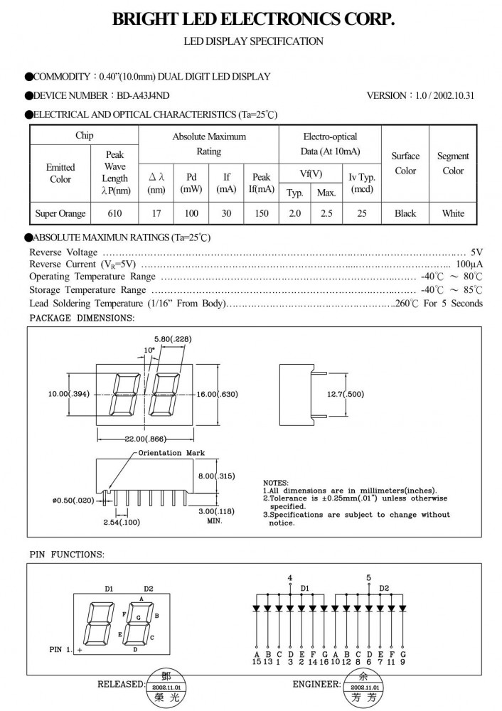 BD-A43J4ND specification page 1