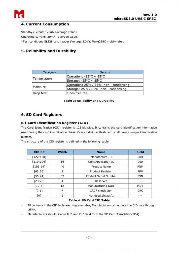 MK microSD UHS-I specification page 6