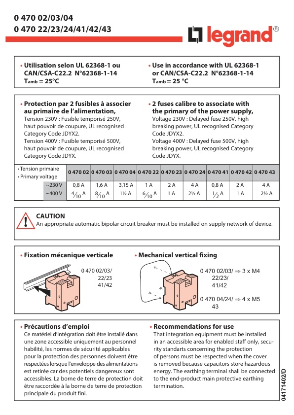 Legrand 047022 technical document page