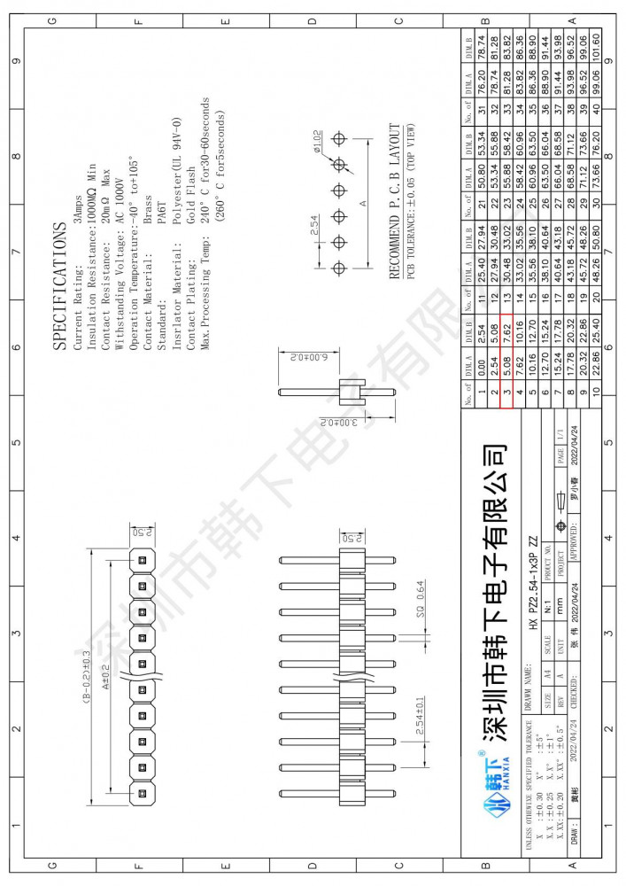 HX PZ2.54-1x3P ZZ specification page 1