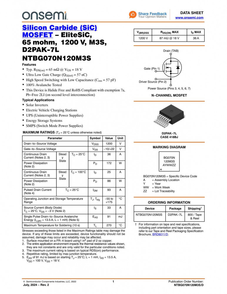 NTBG070N120M3S datasheet page 1