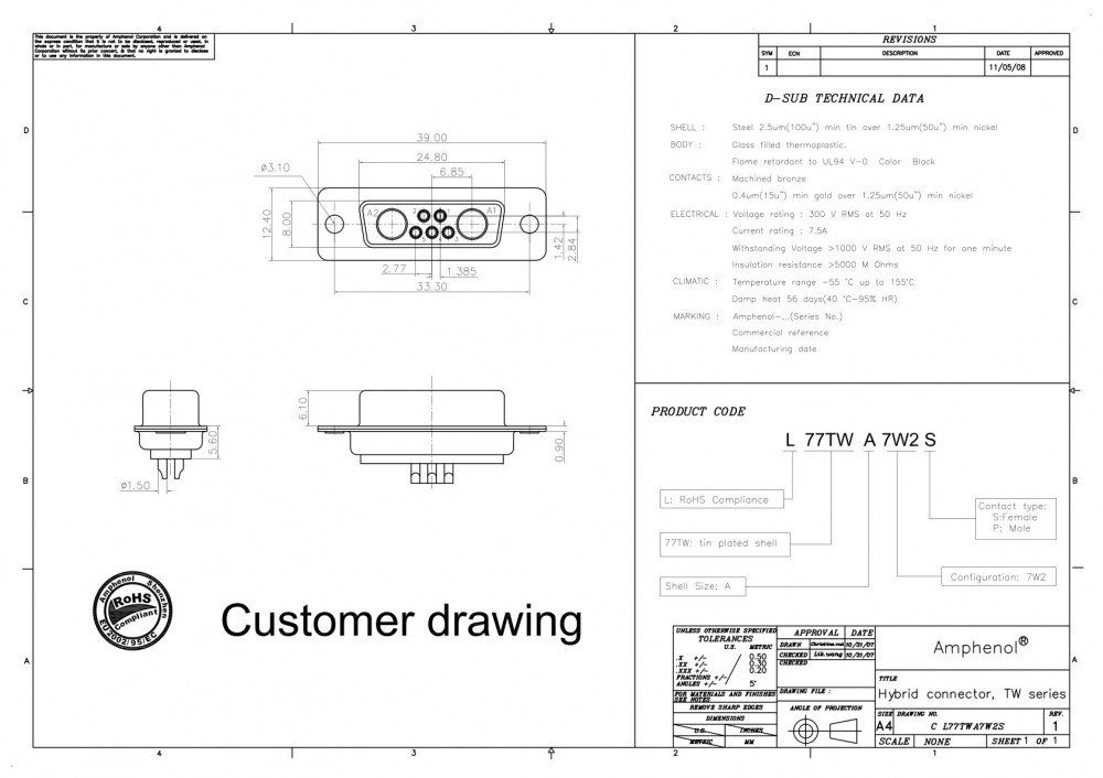 Amphenol L77TWA7W2S customer drawing