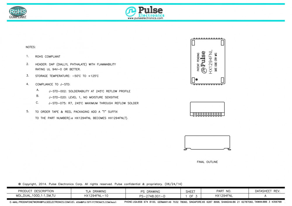 HX1294FNLT product drawing page 1