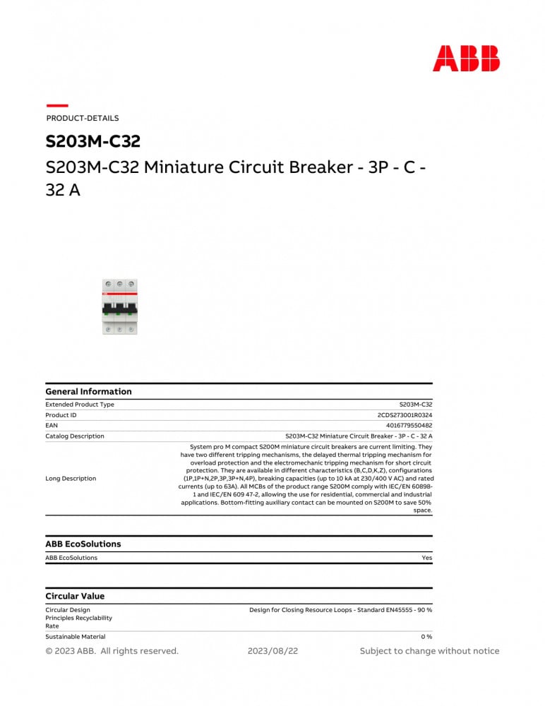 ABB S203M-C32 technical document page 1