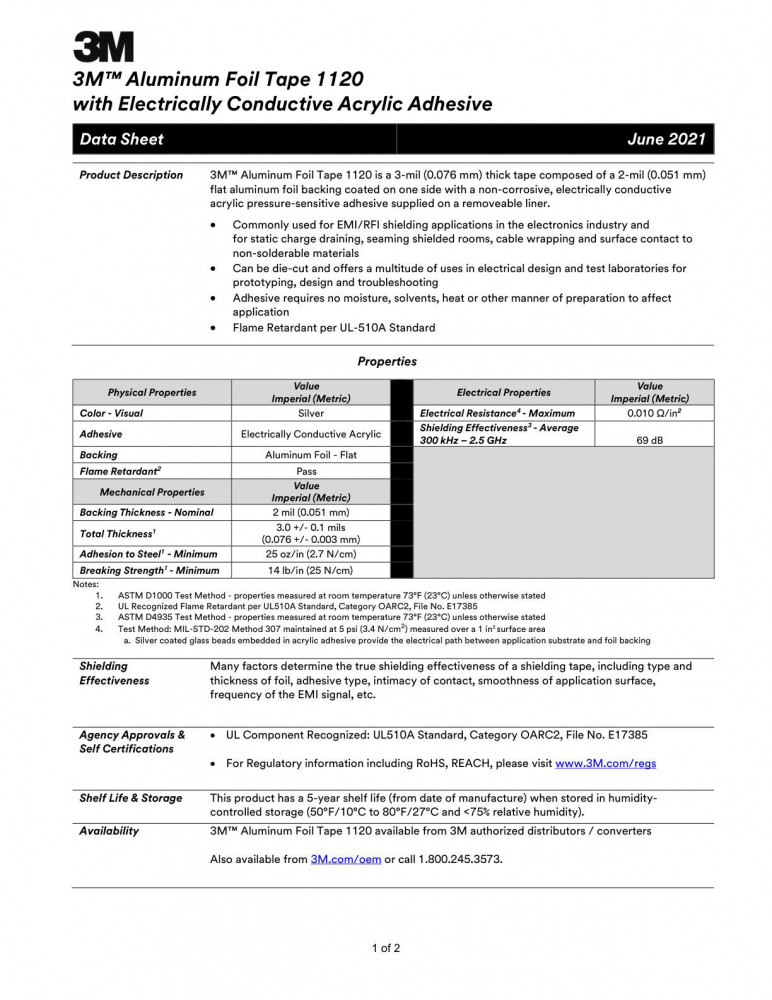 3M Aluminum Foil Tape 1120 technical data sheet page 1