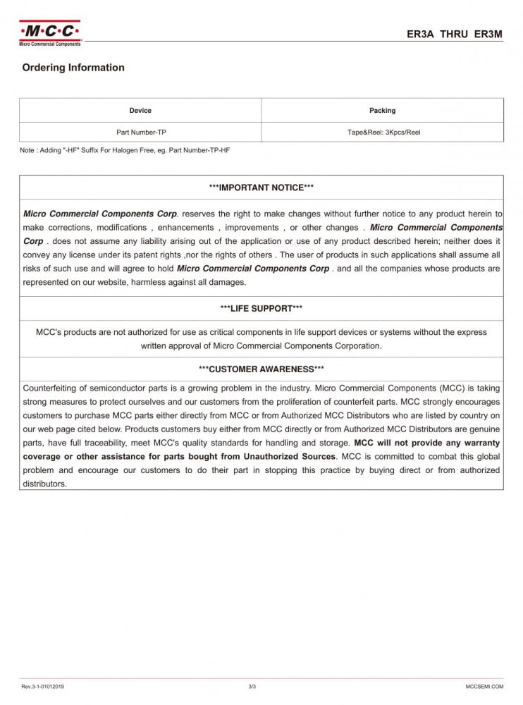 MCC ER3J-TP datasheet page 3