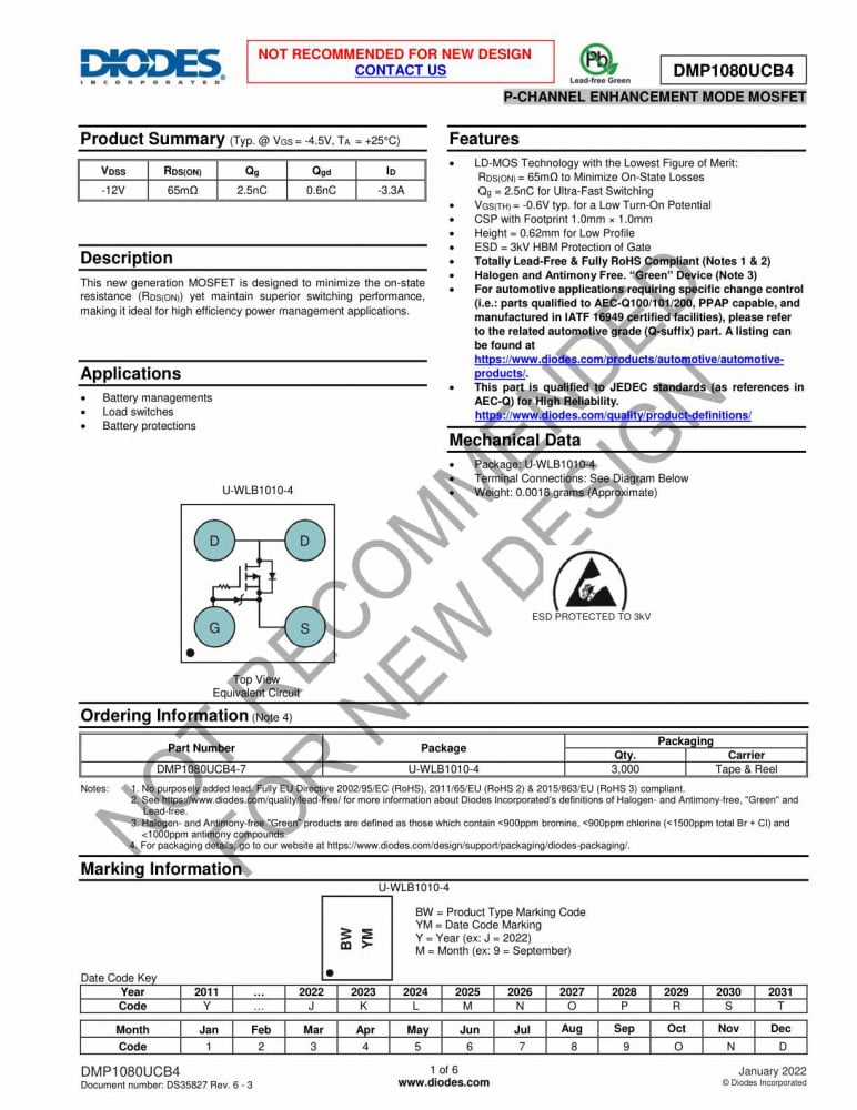 DMP1080UCB4-7 datasheet page 1