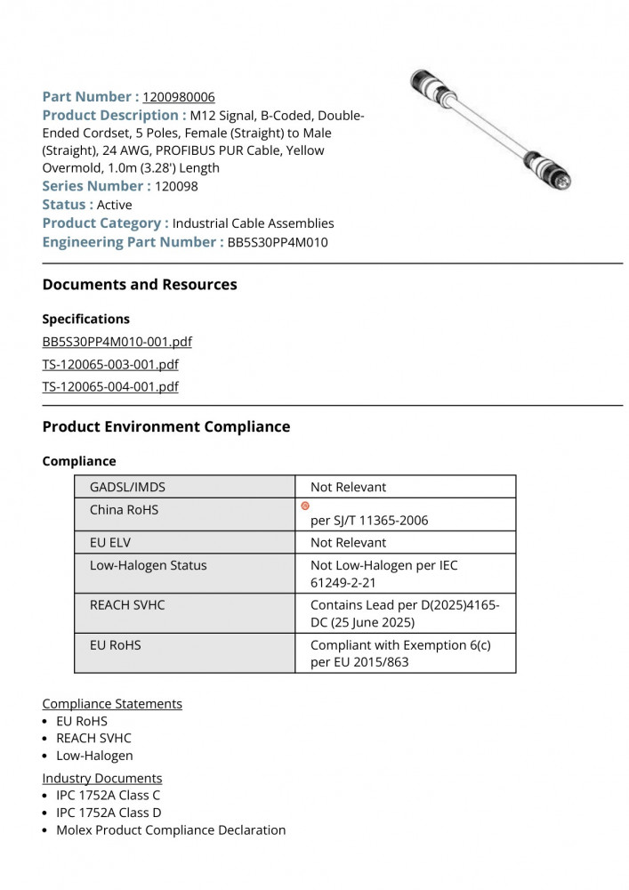 Technical document image 1 for MOLEX 1200980006