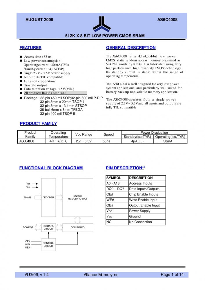 AS6C4008 datasheet page 1