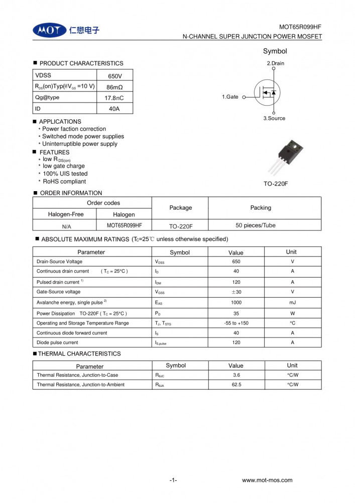 MOT65R099HF datasheet page 1
