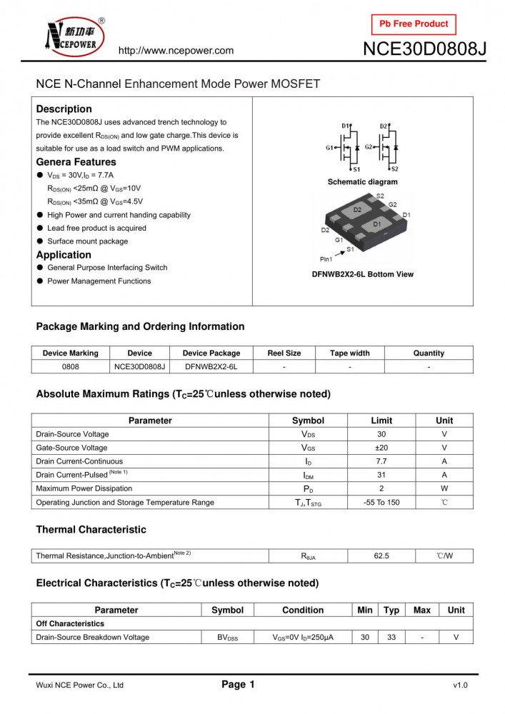 NCE30D0808J datasheet page 1