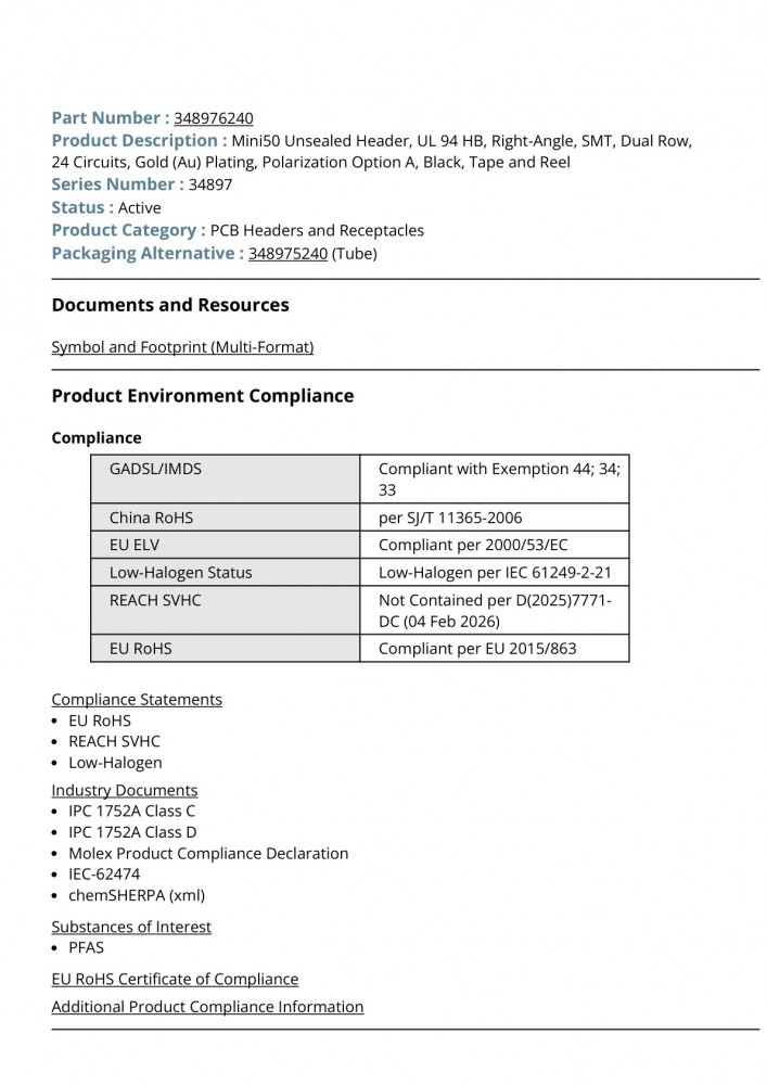 Technical document page 1 for MOLEX 348976240