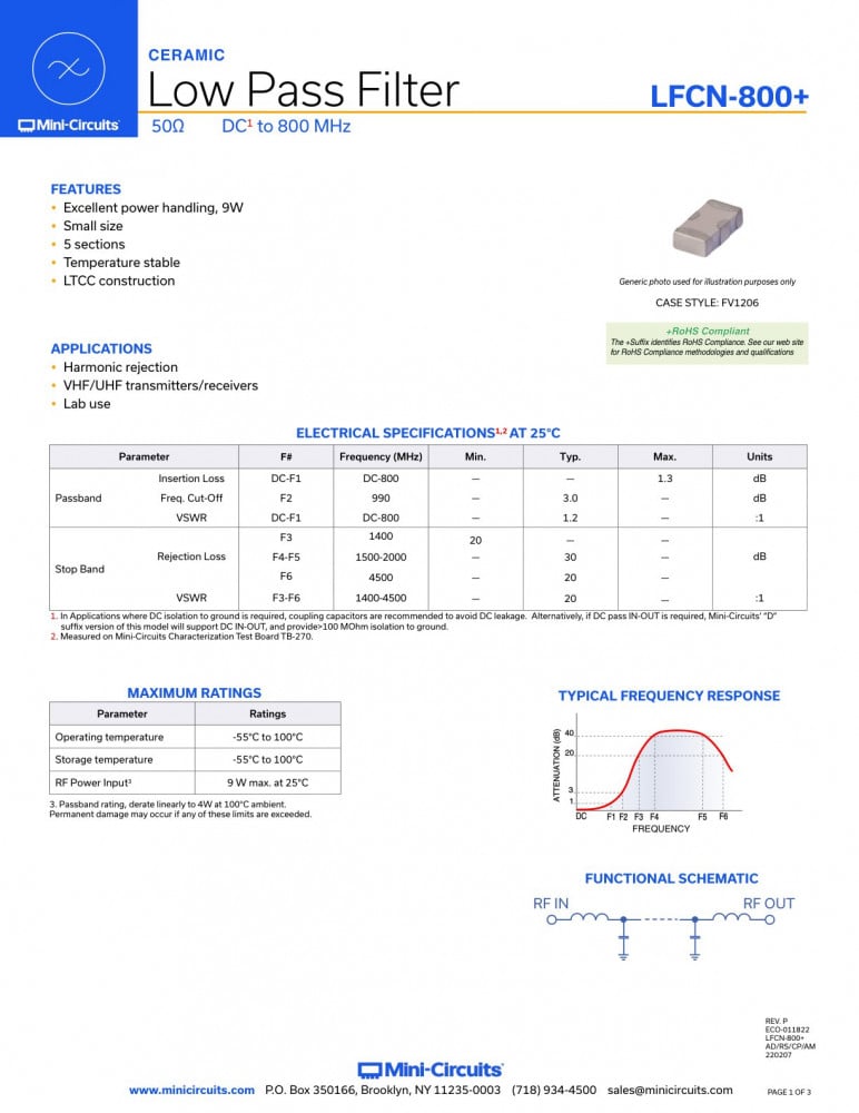 LFCN-800+ specification and electrical data