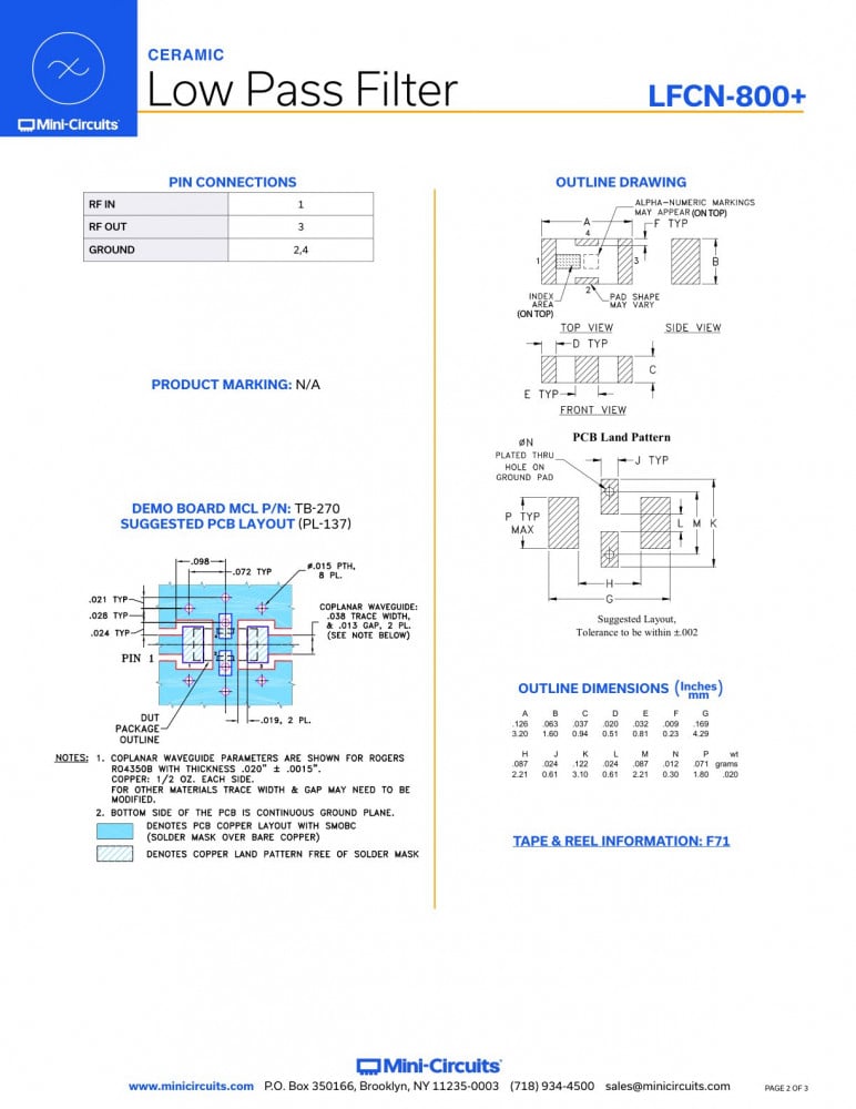 LFCN-800+ PCB layout and outline drawing
